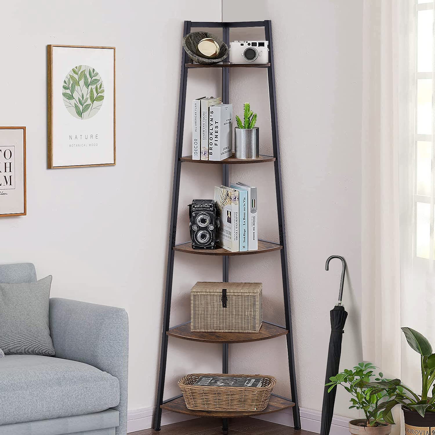 NAIYUFA Industrial Corner Shelf Stand,5 Tier Corner Shelf,Modern Corner Bookshelf Small Bookcase, Rustic Tall Corner Ladder Bookcase Plant Stand for Living Room,Kitchen,Home Office