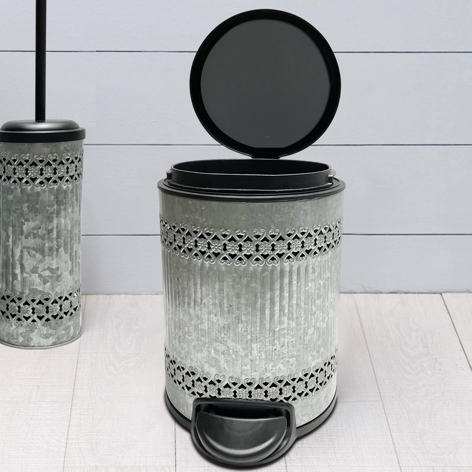 nu steel Laser Cut Galvanised Steel Step Garbage Trash Can & Toilet Brush Holder with Lid: 5 Liter/1.32 gal for The Kitchen, Bathroom, Bedroom, Patio, RV
