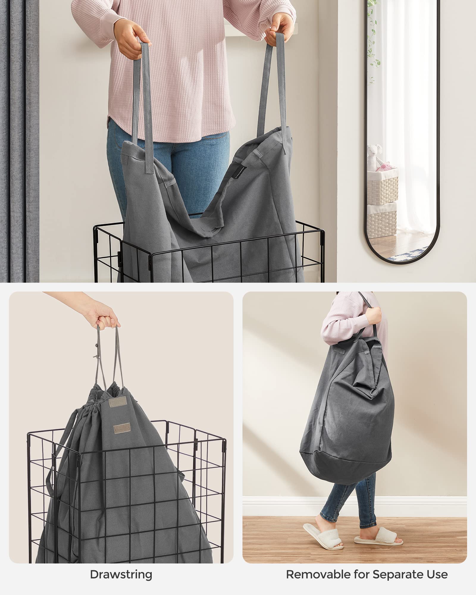 SONGMICS Laundry Hamper, 23.8 Gal. (90L) Laundry Basket, Collapsible Clothes Hamper, Removable and Washable Liner, Metal Wire Frame, for Bedroom Bathroom, Black and Gray ULCB190G01
