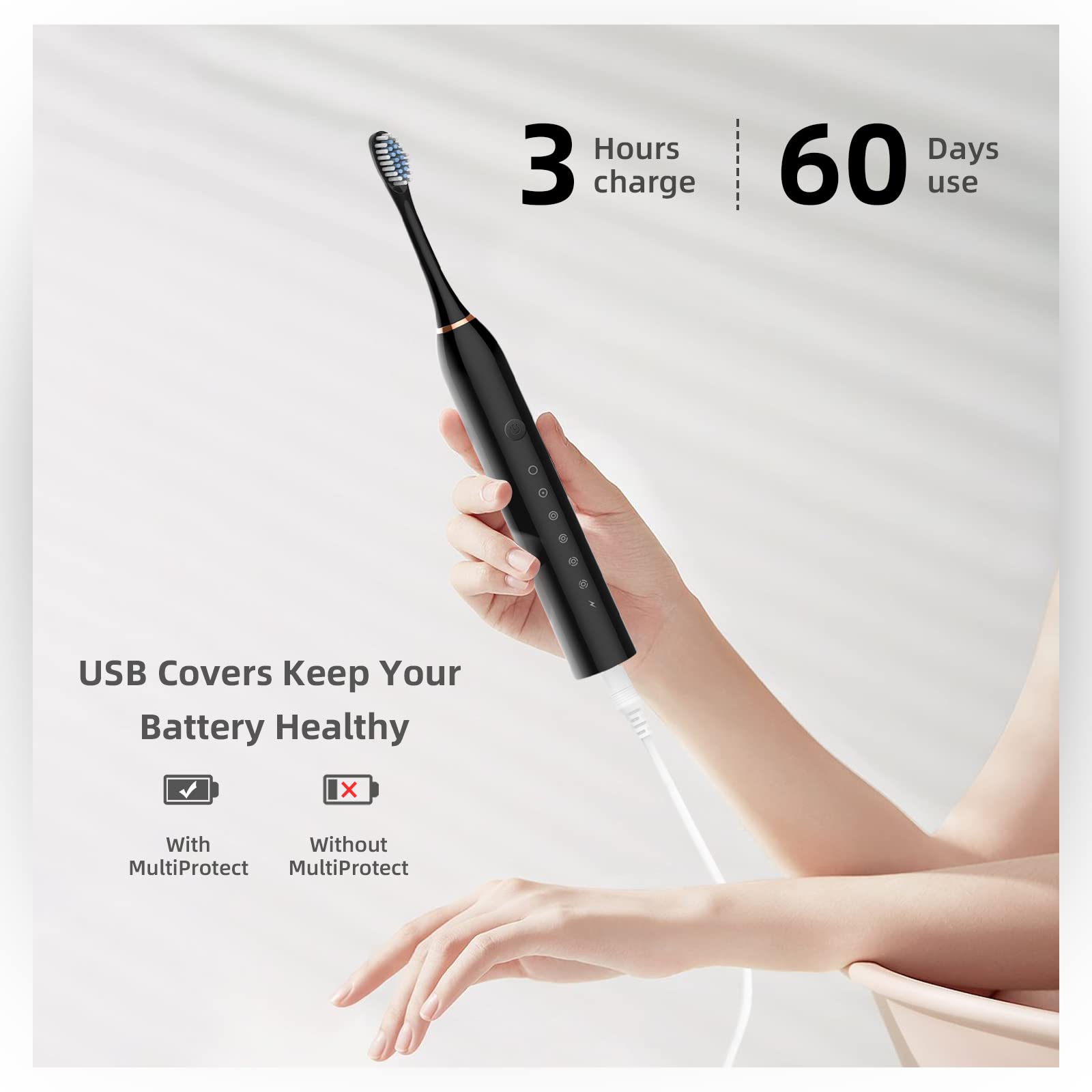 Qhecomce Sonic Electric Toothbrushes USB Rechargeable Ultrasonic Tooth Brush with 4 Brush Heads 6 Cleaning Modes and Smart Timer IPX7 Waterproof Cleaning Toothbrushes for Adults (Black)
