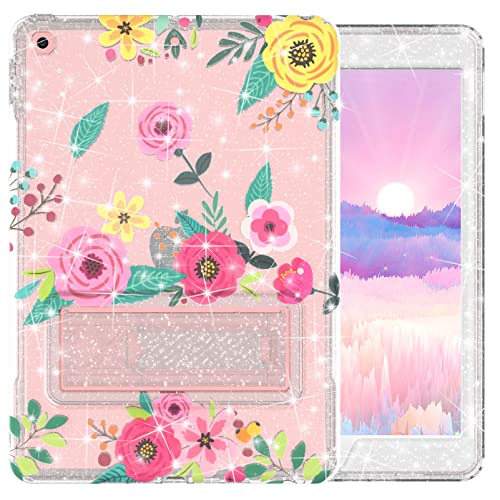 Rantice iPad 9th Generation Case, iPad 8th Generation Case, iPad 7th Generation Case, iPad Case for Women Girl Kids, Slim Shockproof Glitter Flower Clear Transparent iPad 10.2 Case with Kickstand