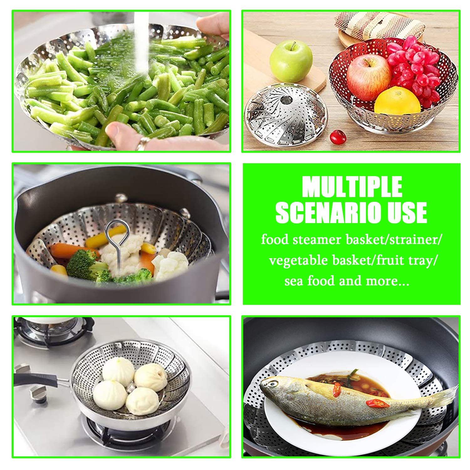 Steamer Basket Stainless Steel Vegetable Basket Metal Handle Folding Silicone Feet Steamer Insert for Cooking Veggies Fish Seafood Include Safety Tool,Fit Various Pot Pressure Cooker (5.5" to 9")
