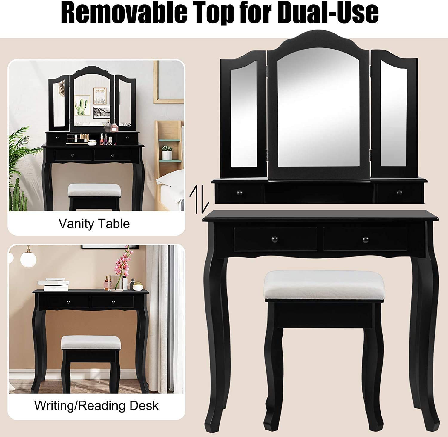 RIVALLYCOOL 2-in-1 Vanity Table Set, Multipurpose Dressing Desk Set with 4 Drawers Tri-Folding Mirror, Cushioned Stool, Wood Table with with Modern Shape, Bedroom Bathroom Makeup Table (Black)