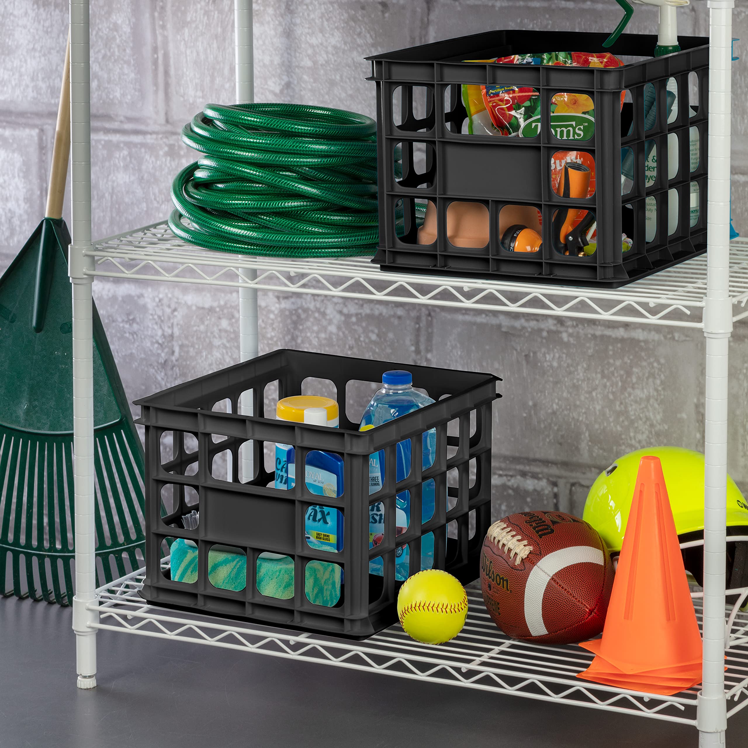 Sterilite Storage Crate, Stackable Plastic Bin with Handles, Organize Home, Garage, Office, School, Black, 6-Pack
