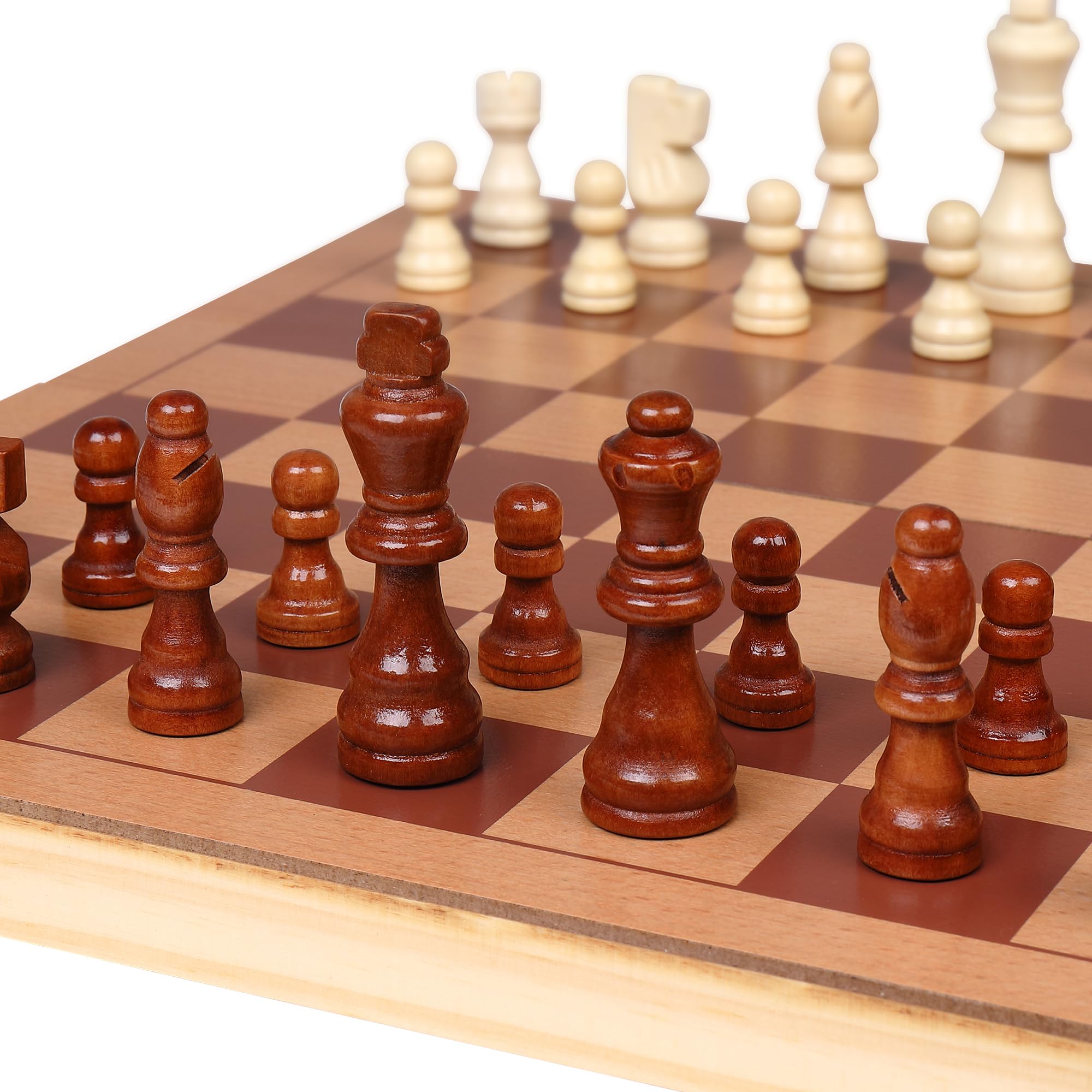 Sterling Games Chess, Checkers, Backgammon Game 3 in 1 Combo Set | 15 inch Wooden Folding Chess Board Game Set for Kids and Adults