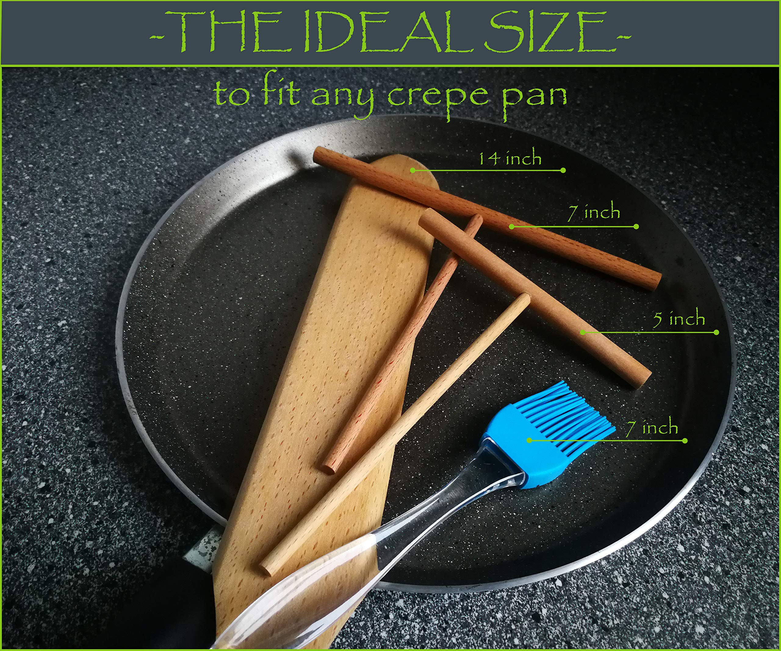 ROLLBURY Crepe Spreaders and Spatula Set 5 and 7 Inches All Natural Beechwood Removable Easy Storage Convenient Sizes to Fit Any Crepe Pan Maker Great For Pancakes and Comes with Silicone Brush