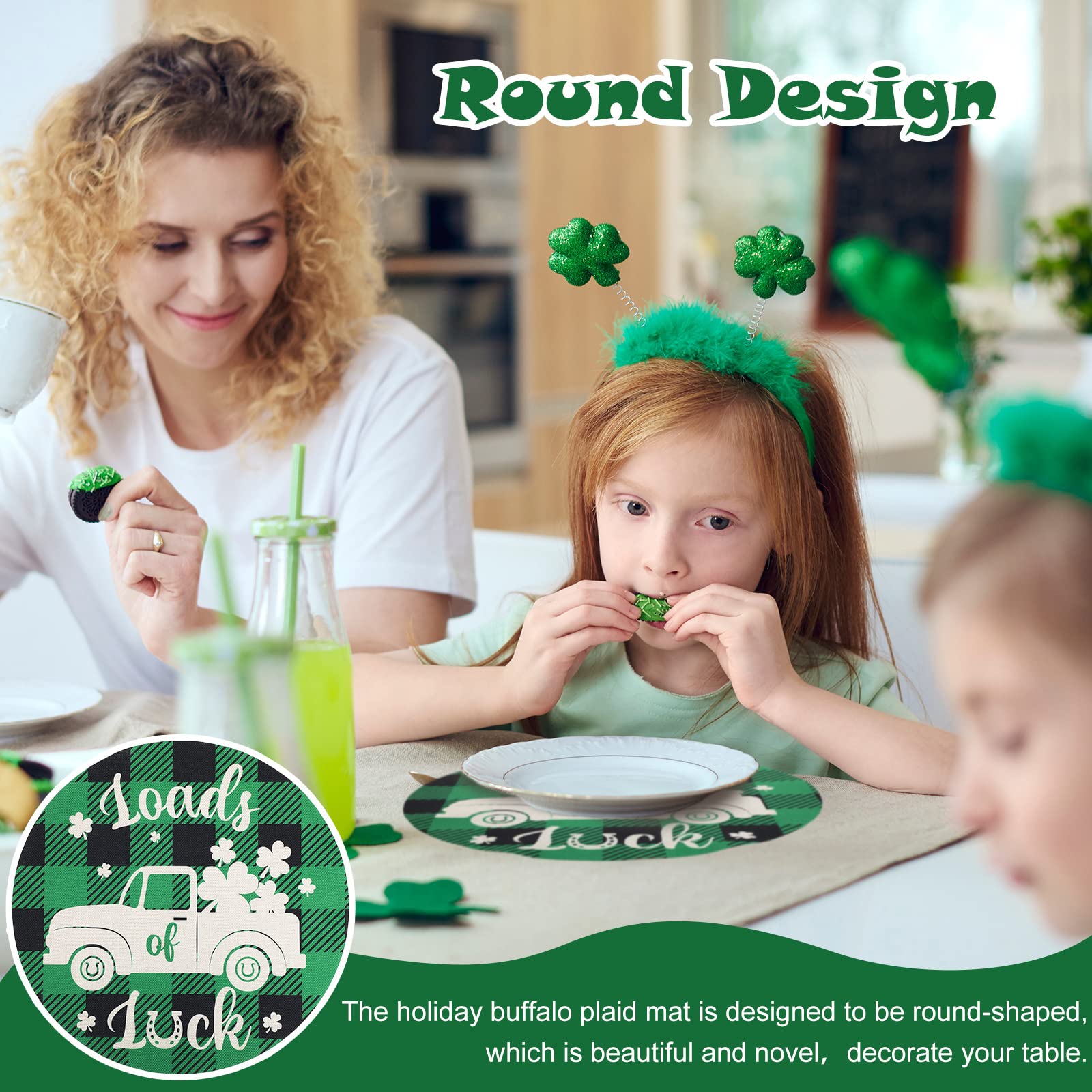 Round Placemats St. Patrick's Day Placemat Buffalo Plaid Check Table Mats Lucky Clover Shamrock Dining Table Mats for St Patrick's Day Holiday Farmhouse Table Decor (Shamrock Pattern,4 Pieces)