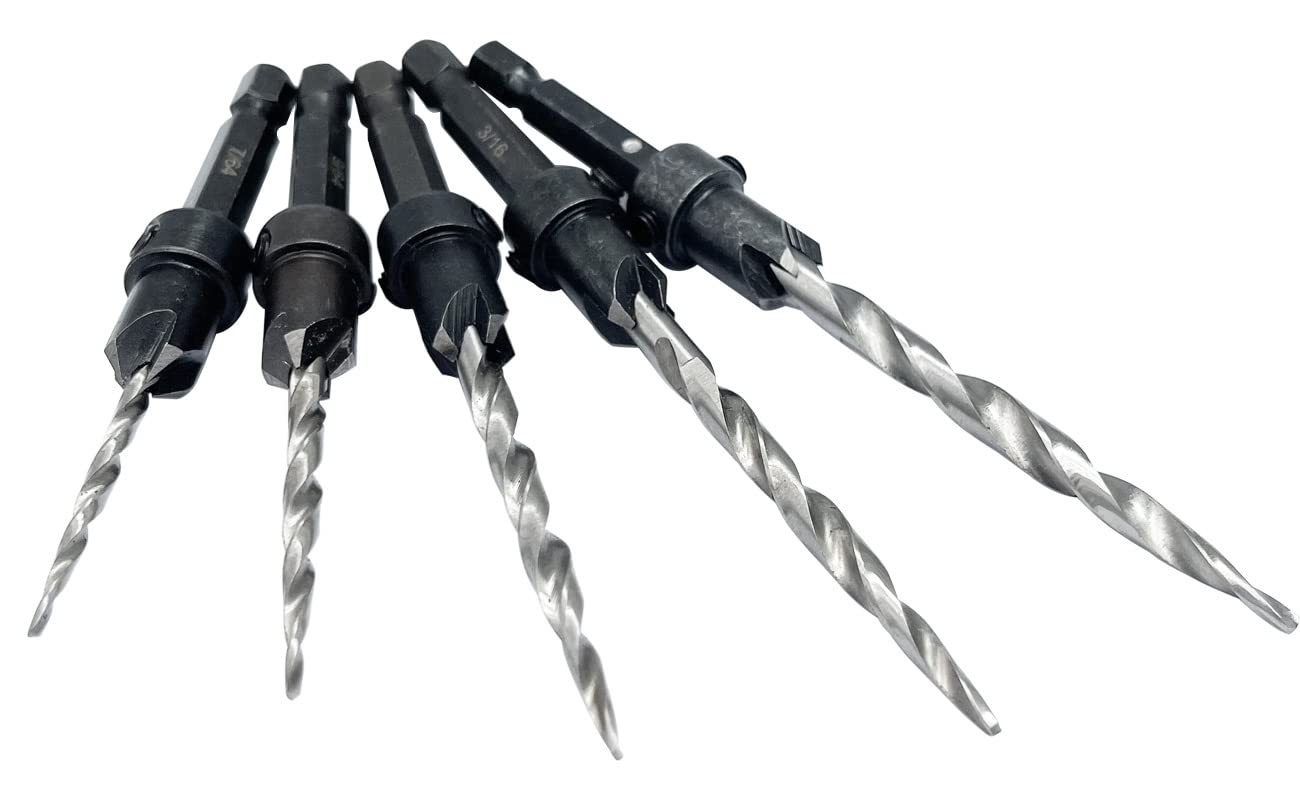 Saipe 5pcs Wood Tapered Countersink Drill Bit Set Hex Shank Screw Drill Counter Sink Bit 7/64", 9/64",11/64", 3/16", 7/32" Adjustable Drilling Tool Kit on Pilot Counter Sinker Hole for Woodworking