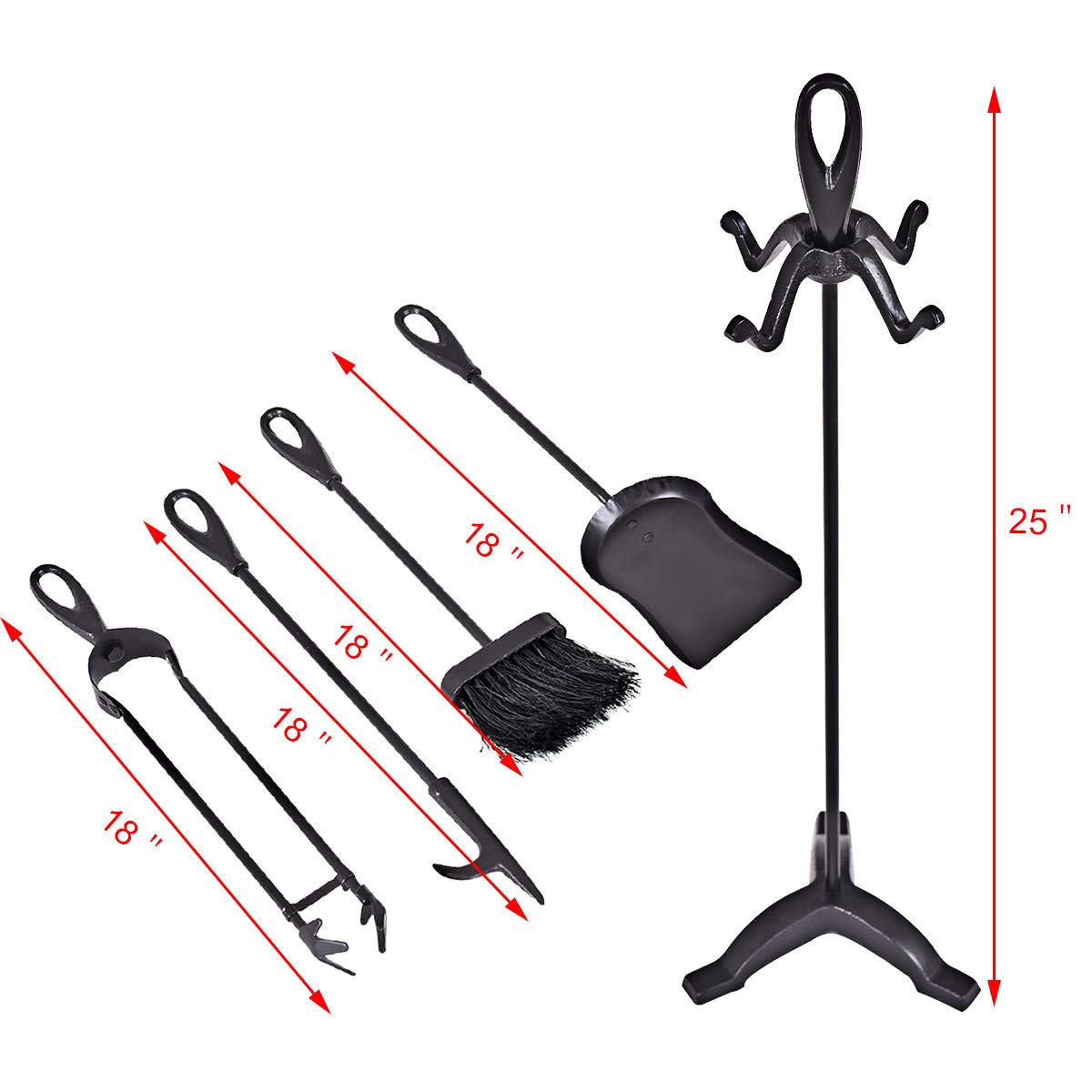 Tangkula Fireplace Set 5 Piece Rustic Heavy Duty Compact Wrought Iron Fire Place Tool Set with Pedestal Place, Hearth Tool, 25.5"