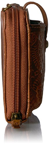 The Sak Iris Large Smartphone Crossbody Bag in Leather, Convertible Wristlet Purse Design, Tobacco Floral Embossed