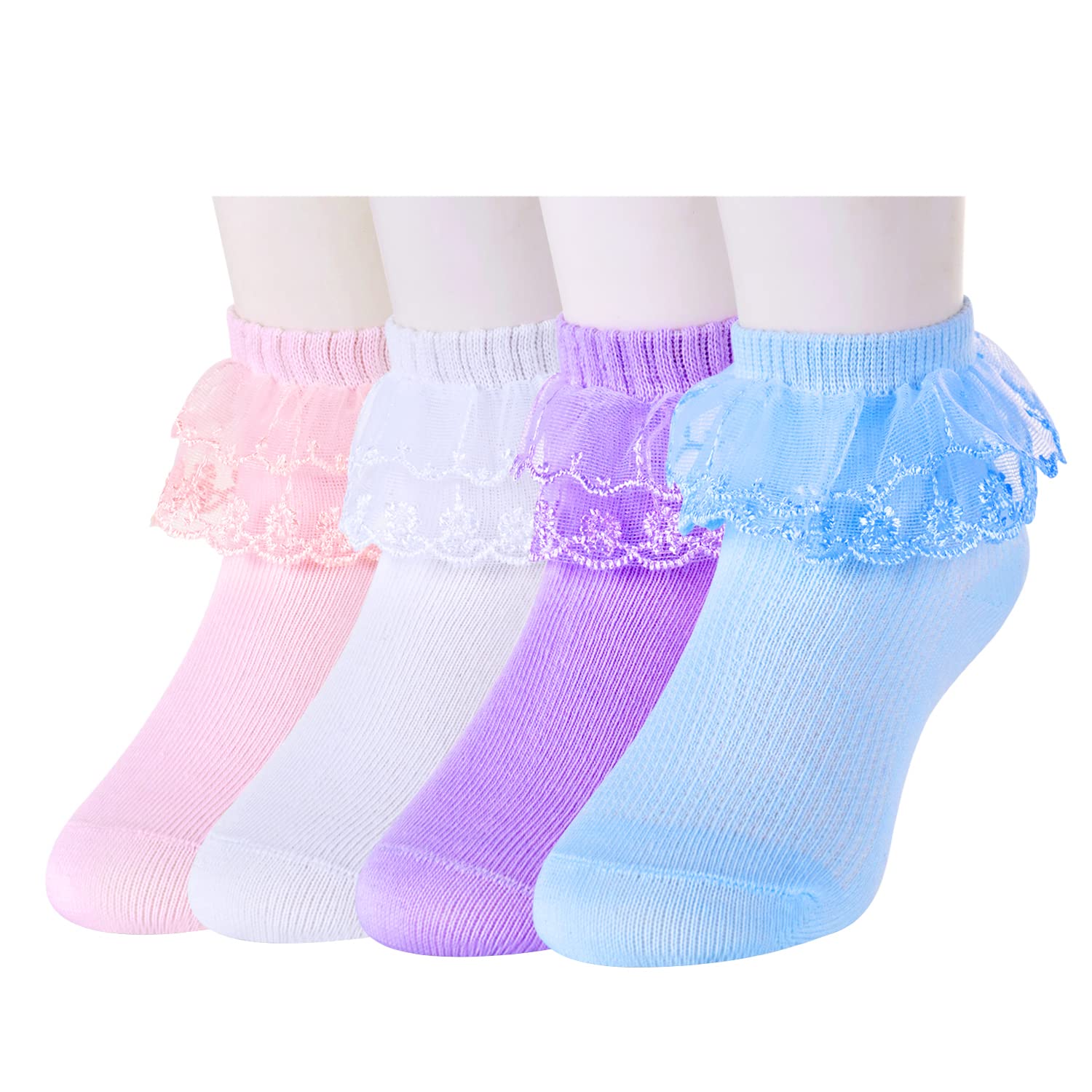 sockfun Girls Ruffle Socks for Kids - Frilly Lace Socks for Girls Baby Toddler Child, White Dress Socks for Girls Blue 4-6 Years