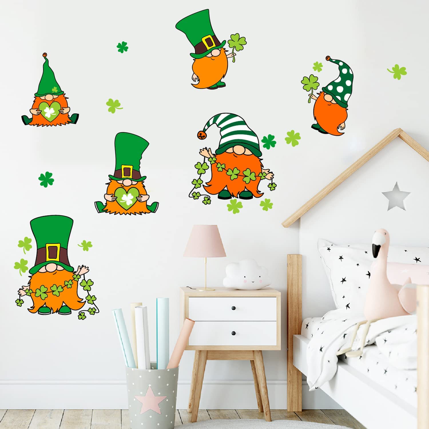 St. Patrick's Day Wall Decals Irish Shamrock Leprechaun Gnome Wall Stickers Removable Art Mural for Kids Room Nursery Bedroom Window Irish Party Supplies Home School Decor
