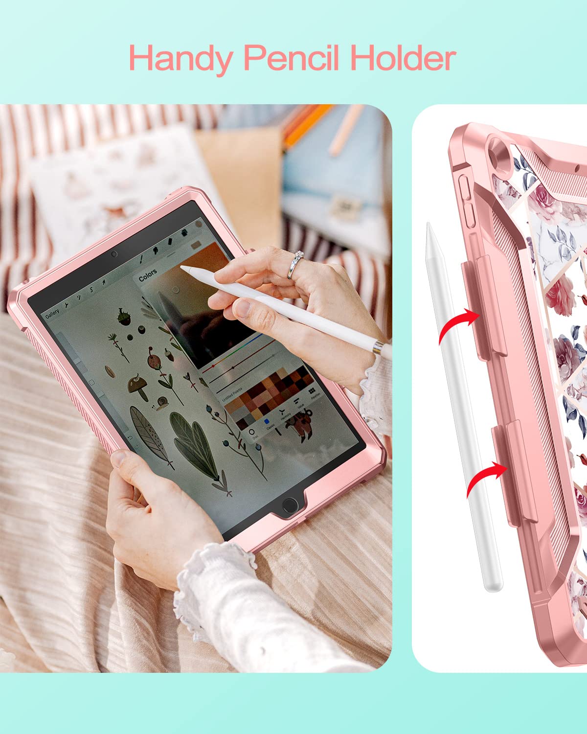 SURITCH for iPad 9th/8th/7th Generation Case 10.2-inch, Built in Screen Protector Pencil Holder Shockproof Rugged Full Body Protection Case with Kickstand for iPad 2021/2020/2019 - Rose Marble