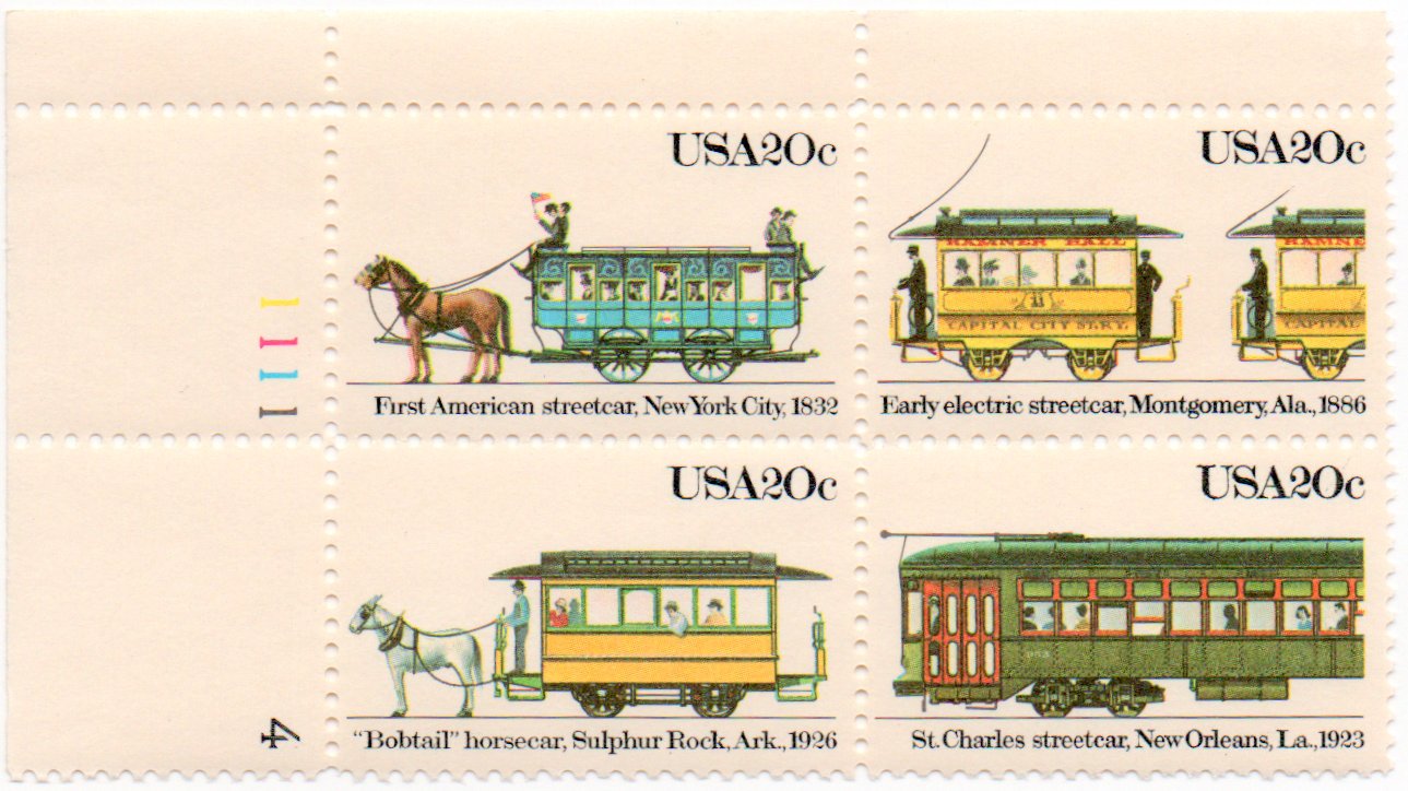 US Postage Stamp 1983 Street Car Issue Plate Block Of 4 Stamps 20 Cents Scott #2059-2062