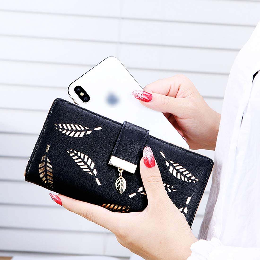 Wallet-NEWANIMA Women Multi-card Two Fold Long Zipper Clutch Purse (Style9-Black)