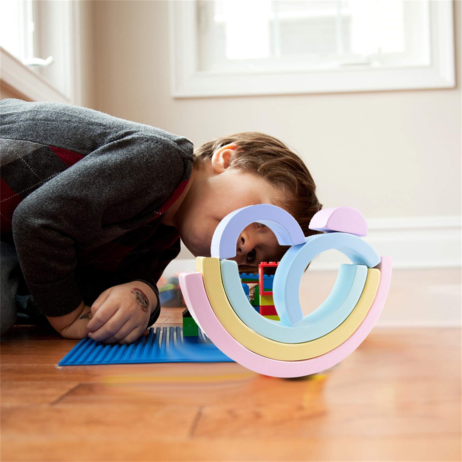 Wenini Wooden Rainbow Stacking Toy Large Nesting Puzzle Blocks Educational Learning Toys/Creative Colorful Building Blocks/Wooden Rainbow Arch Bridge (B)