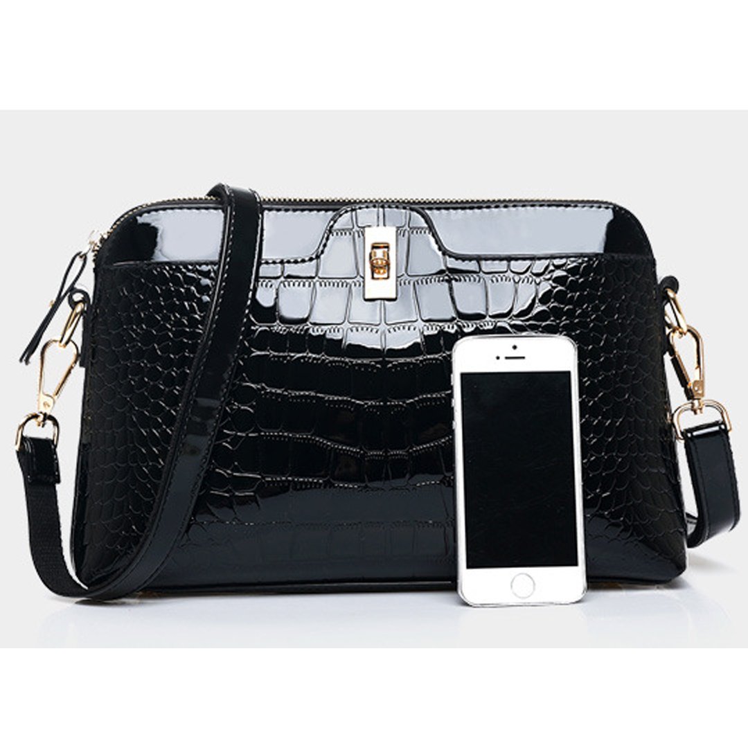 Women PU Patent Leather Alligator Stripe Handbag Clutch Shoulder Bag Cross Body Bag Clutch Handbag Shell Bag(Black)