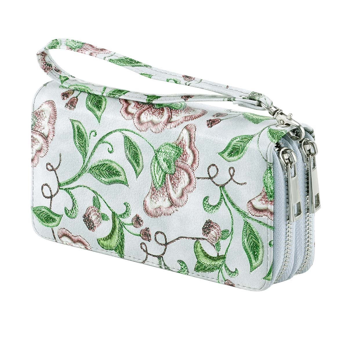 Women's Double Zipper Wallet Large with Removable Wristlet Clutch Cellphone Bag with Wristlet and ID Window(Blue morning glory)