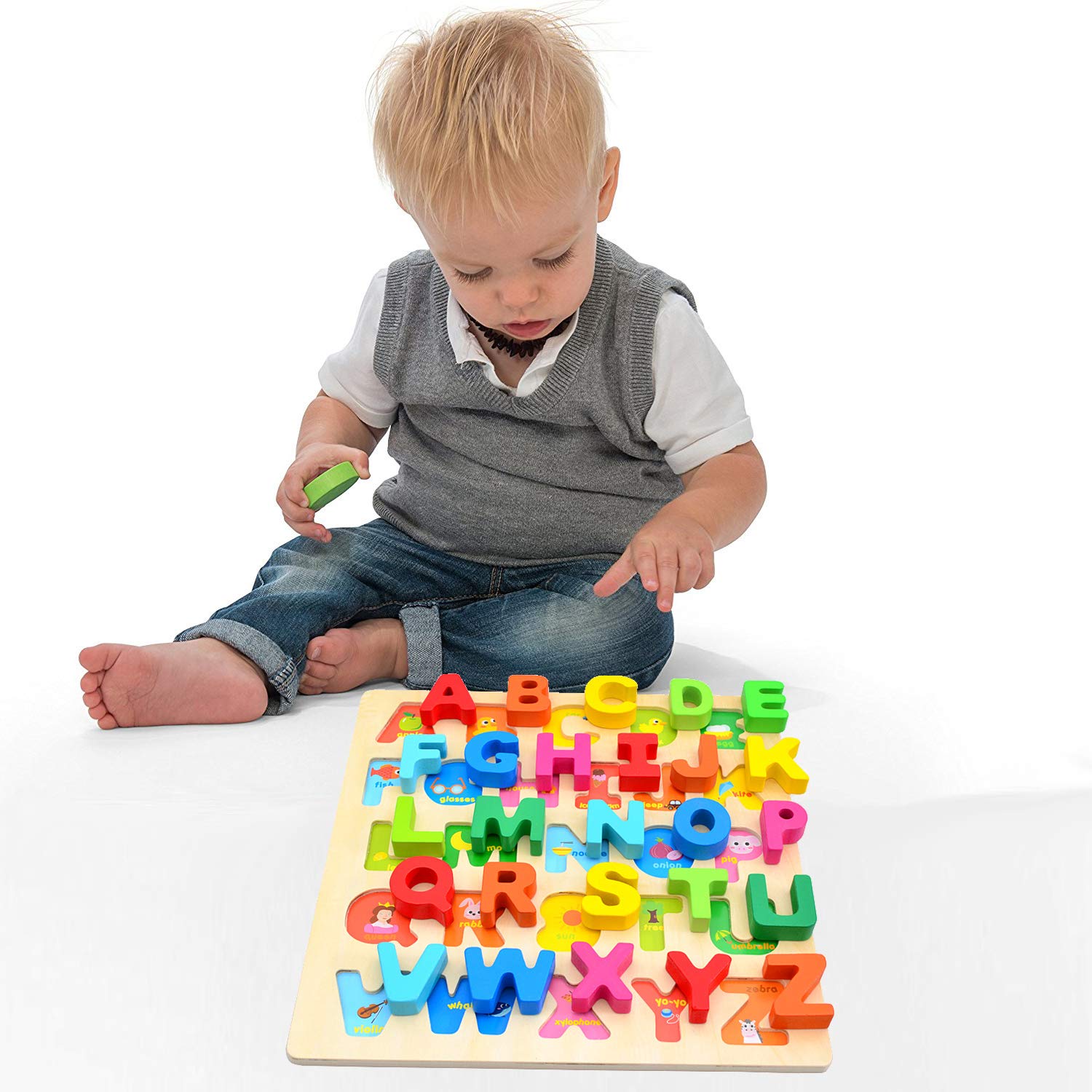 Wondertoys Wooden Alphabet Puzzle for Toddlers Chunky Lowercase & Uppercase Letters ABC Puzzles Board for Preschools Boys and Girls