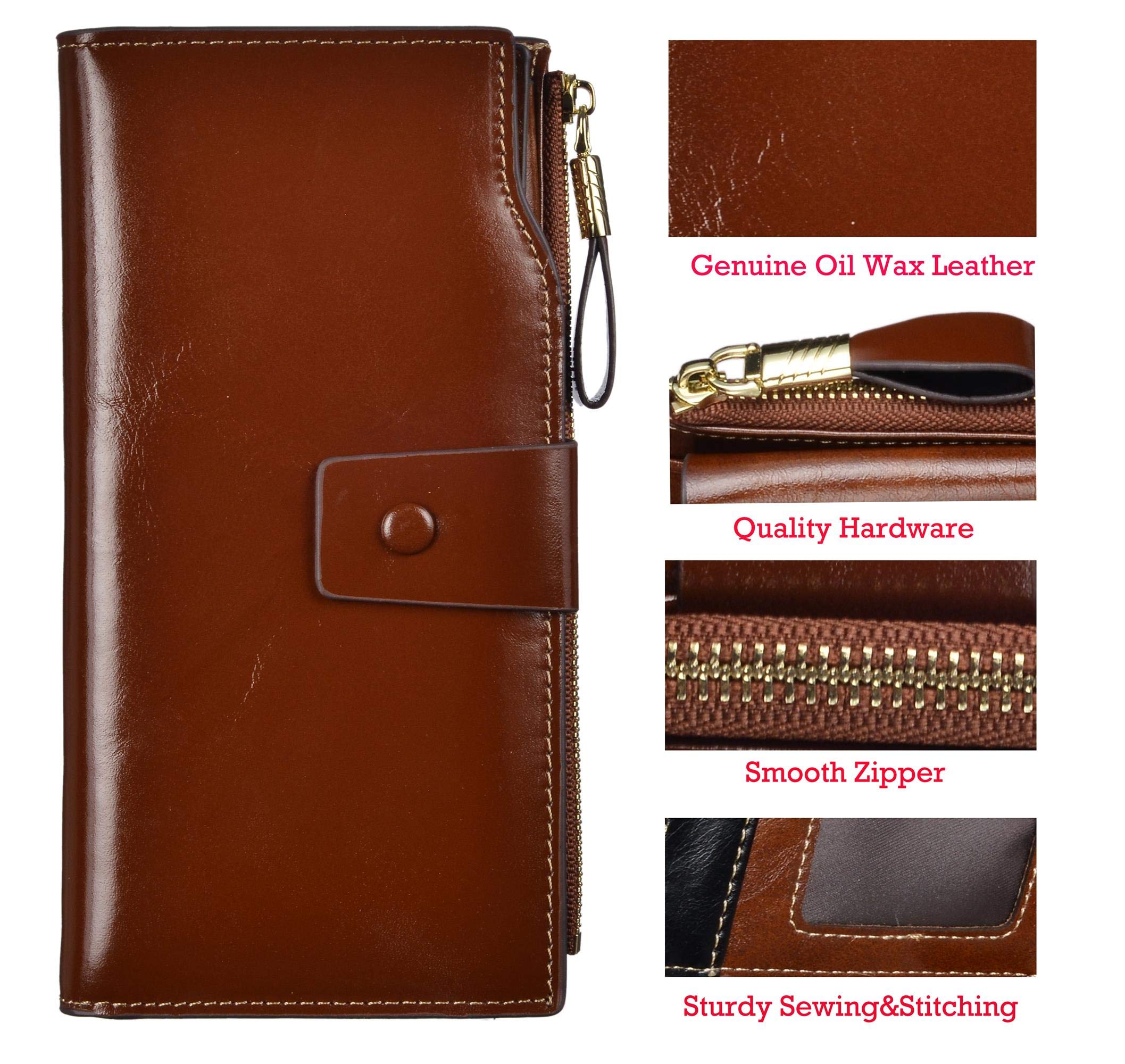 woogwin Women's RFID Large Capacity Luxury Genuine Leather Clutch Wallet Ladies Purse (Wax Coffee)