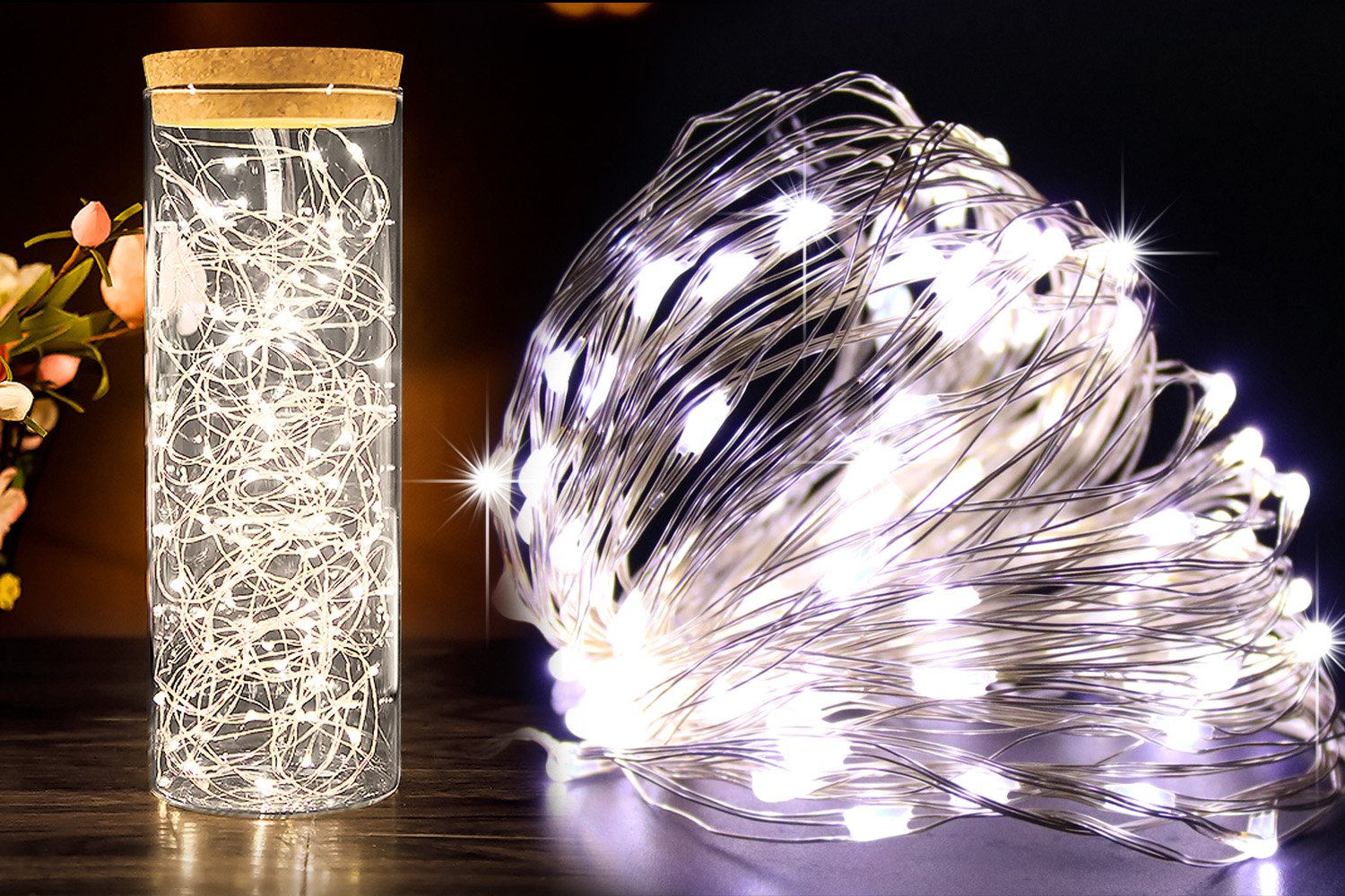 XNNATA Solar String Lights, 33Ft 100 LED Copper Wire Starry String Light, Indoor Outdoor Waterproof Solar Decoration Lights for Gardens, Home, Party Ornaments(White)