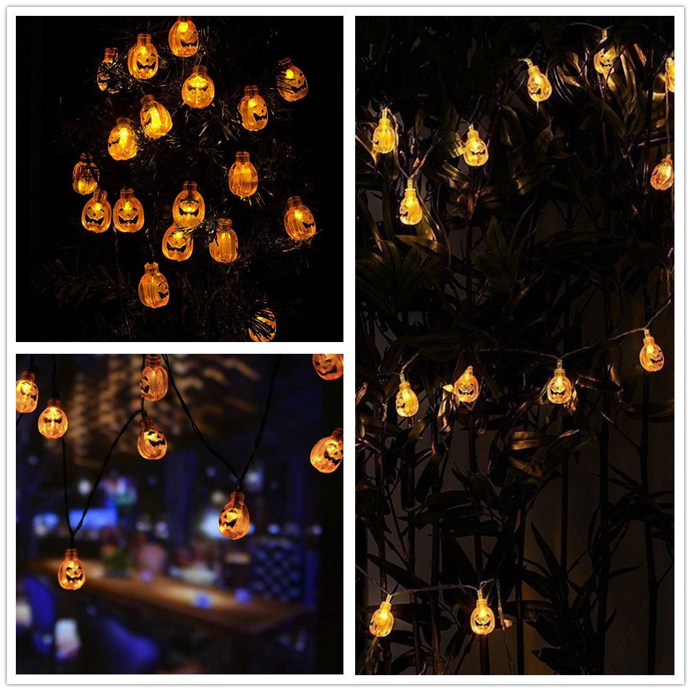 YBB Solar Pumpkin String Lights, Waterproof Halloween Decoration String Lights, 20 LED Lights 8 Modes Jack-O-Lantern for Outdoor, Home, Patio, Garden (5m/16ft- Warm White)