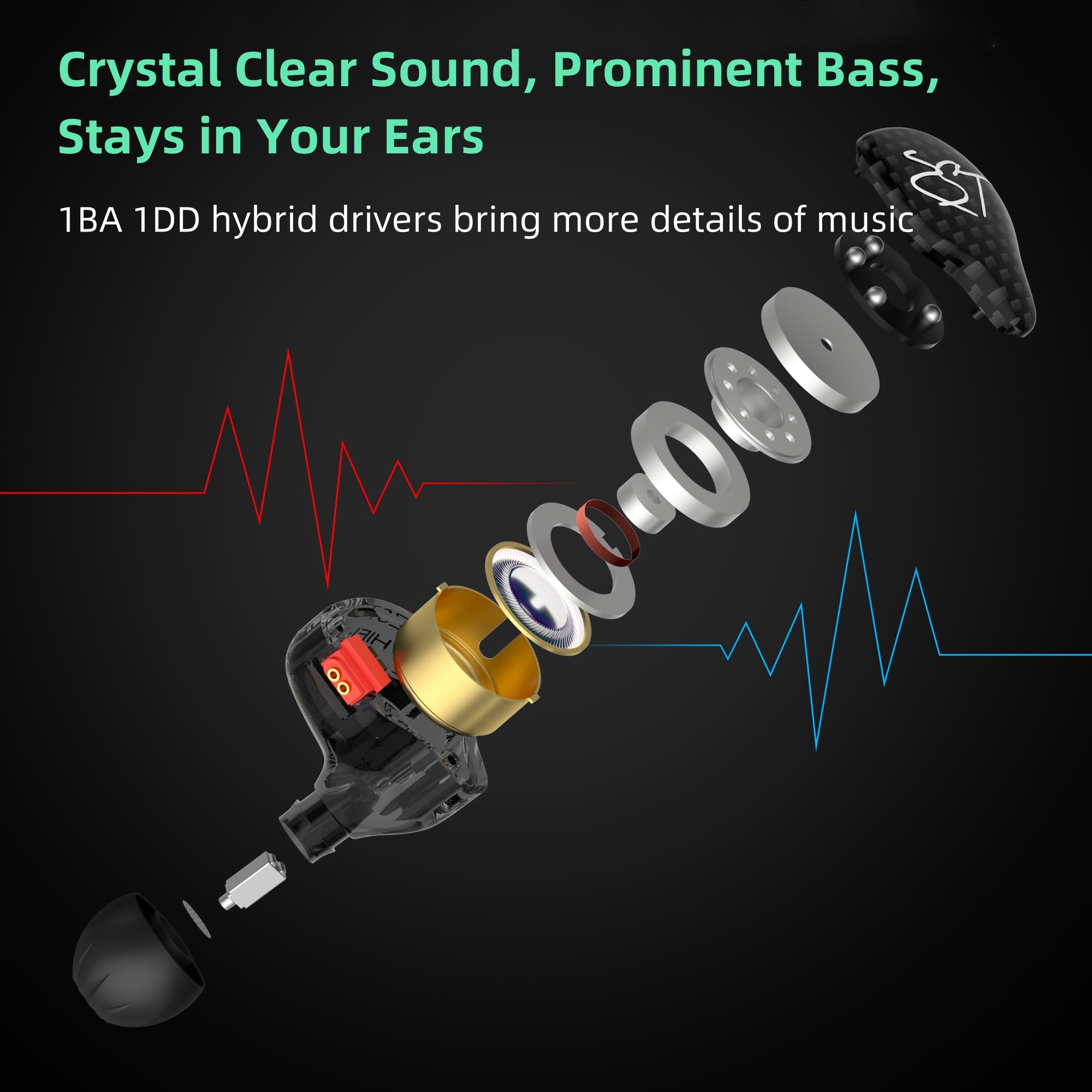 YINYOO KZ ZST Hybrid Banlance Armature with Dynamic in-Ear Earphone 1BA+1DD HiFi Headset in Ear Monitors Headphones Wired Earbuds Gaming Earbuds (ZST mic)