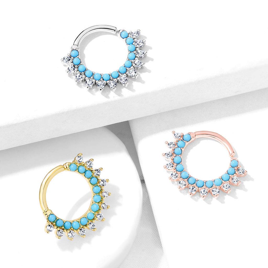 Covet Jewelry Turquoise and CZ Double Lined Bendable Hoops for Ear Cartilage, Daith, Nose Septum and More (16 GA, Length: 8mm, Platinum)