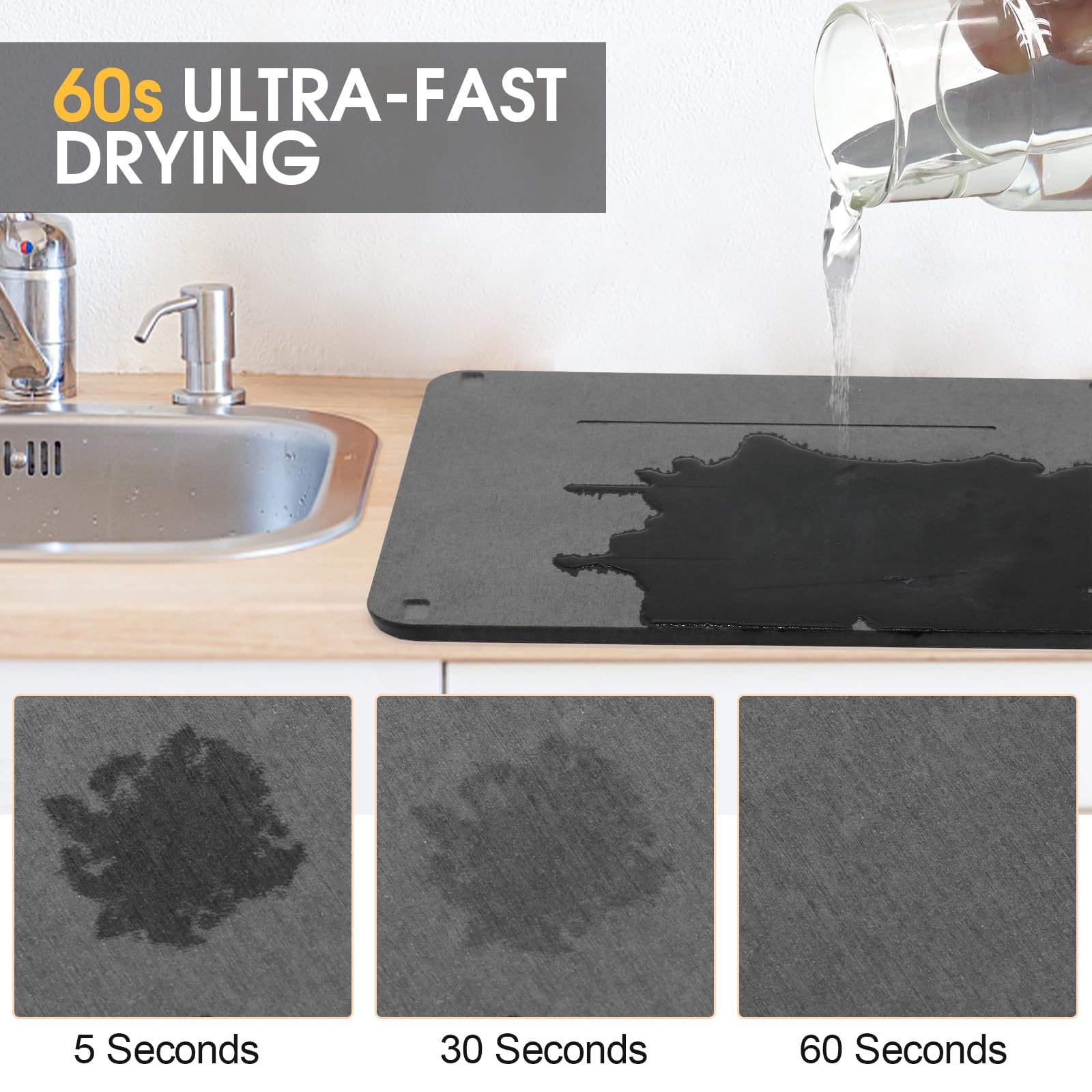 Dish Drying Rack with Diatomaceous Earth Dish Drying Mat for Kitchen Counter,15.7x11.8 inch Absorbent Non-Slip Diatomite Dish Drying Mat with Cutlery Holder(Grey)