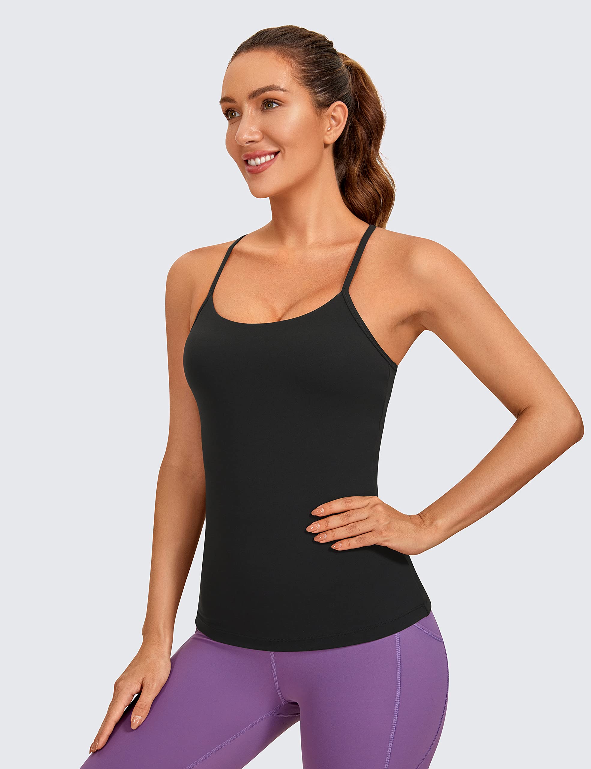 CRZ YOGA Butterluxe Womens Racerback Tank Top with Built in Bra - Spaghetti Thin Strap Padded Workout Slim Yoga Camisole Pure Blue Small