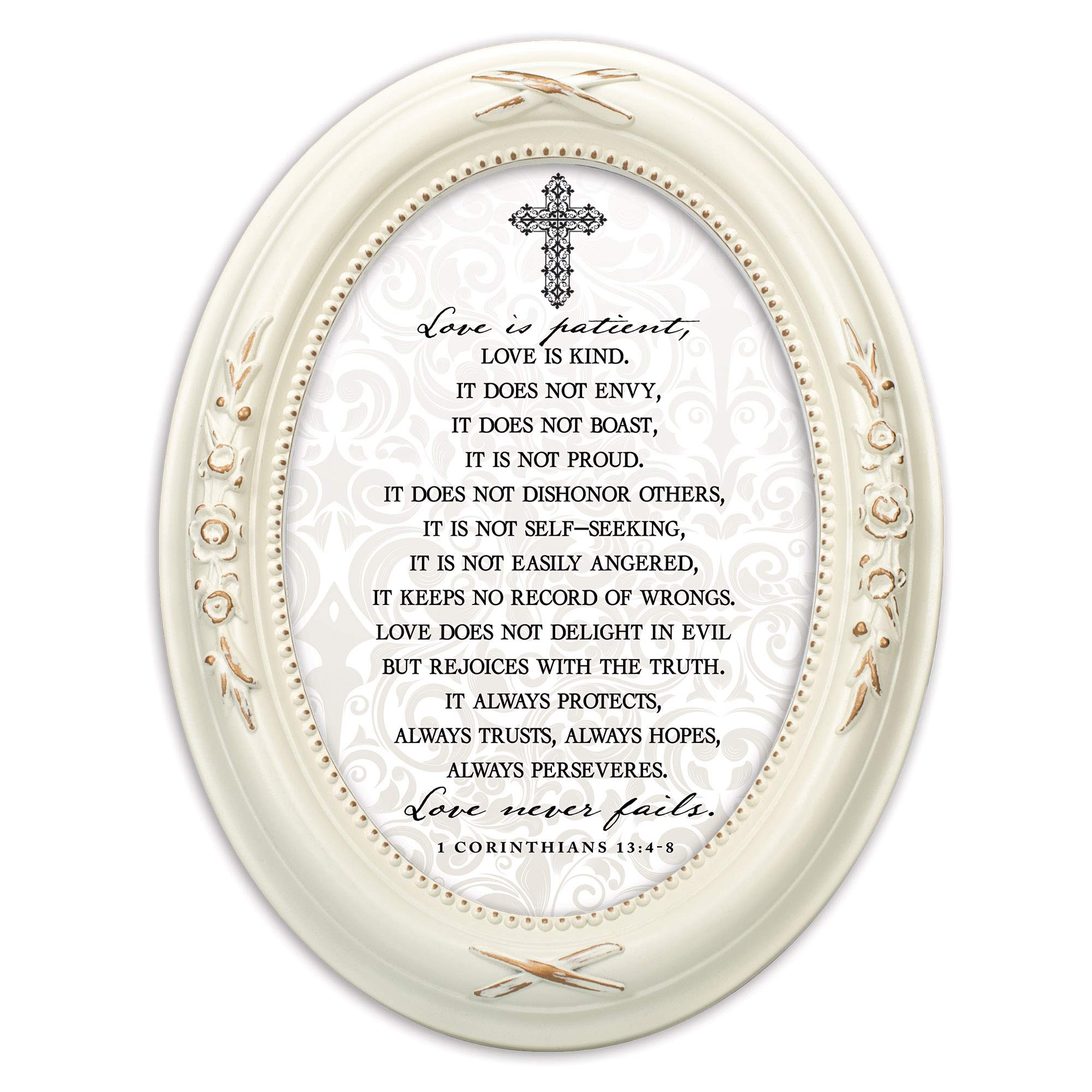Cottage Garden Love Never Fails Inspirational Distressed Ivory Floral 5 x 7 Oval Table Top and Wall Photo Frame