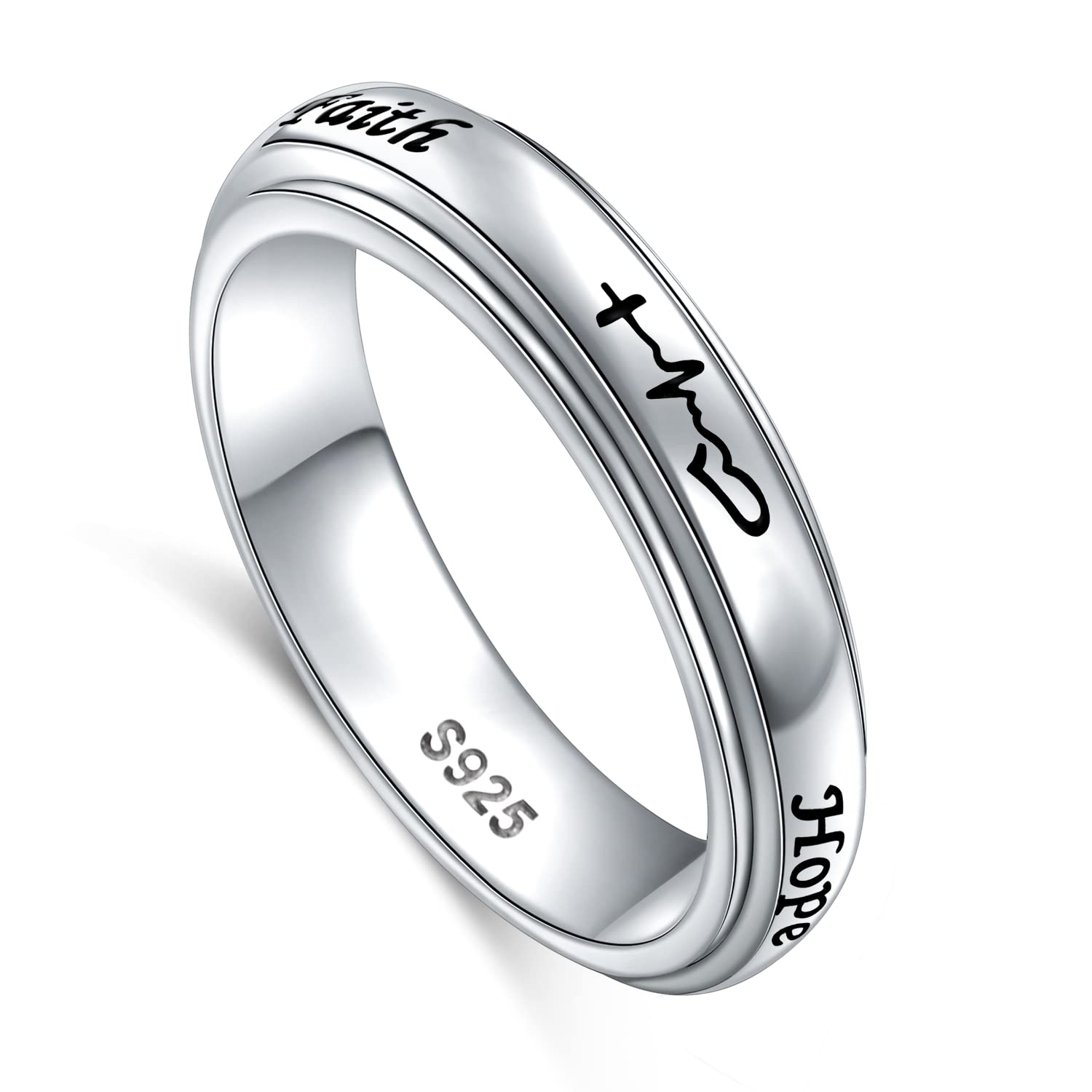 DAOCHONG S925 Sterling Silver Spinner Fidget Anxiety Stress Relieving Boredom ADHD Autism Faith Hope Love Rings for Women, Size 9