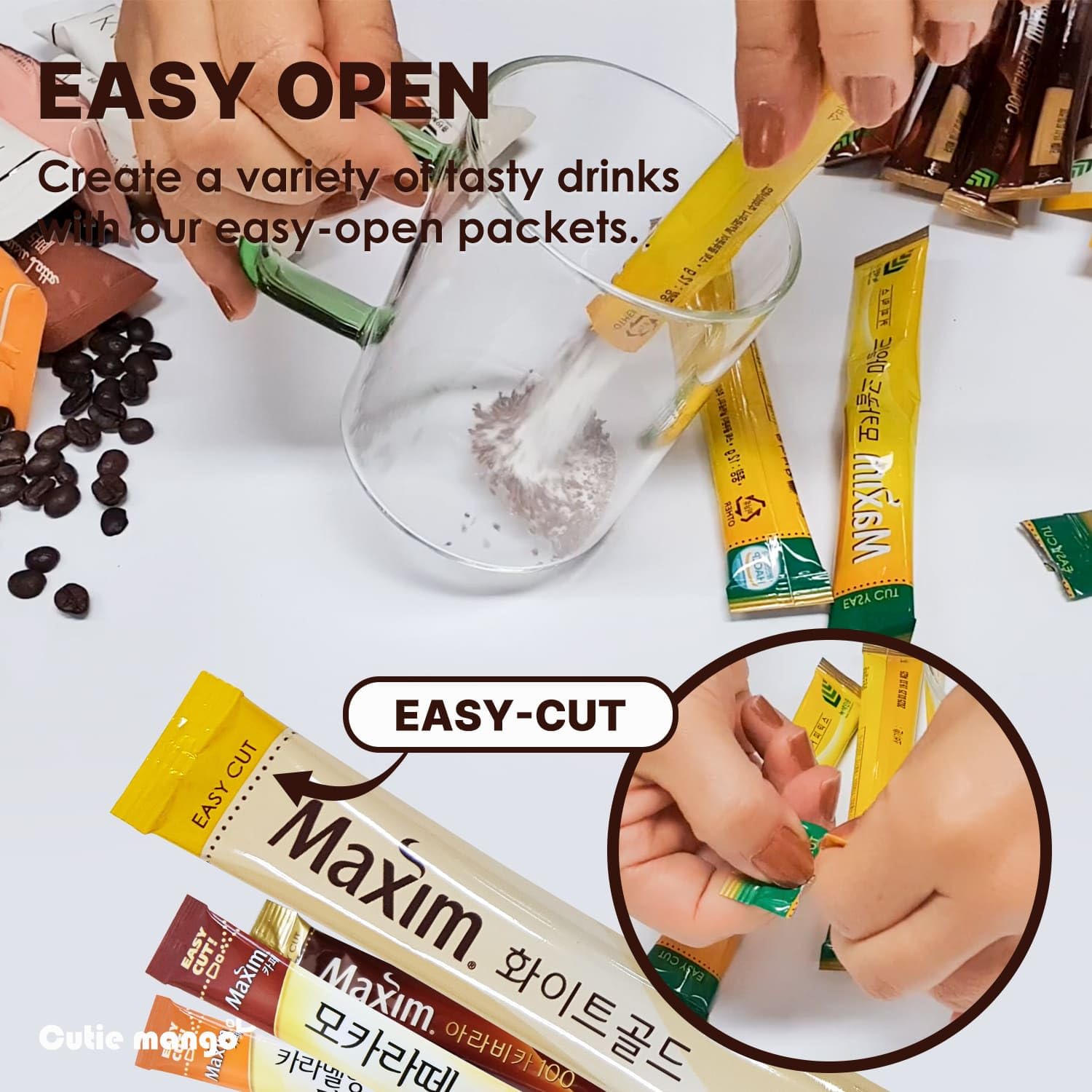 CUTIE MANGO Maxim Variety 20 Sticks Single Serve Premium Korean Instant Coffee Cappuccino Vanilla &Hazelnut Mocha Latte, Caramel Macchiato, 4 Flavors Packs Sampler Easy Cut (5 Sticks Each)