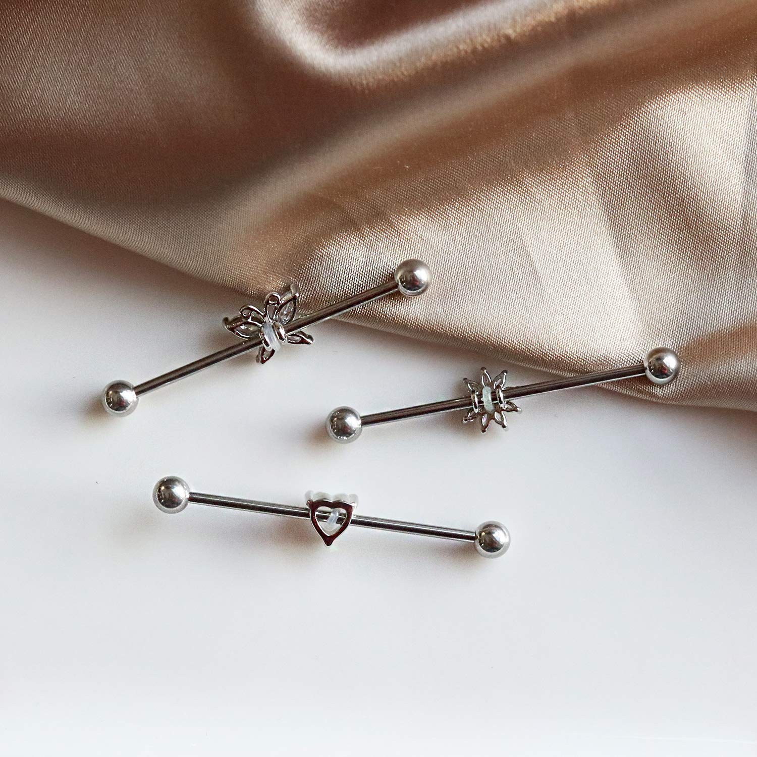 CHARM ONLINE 3PCS 14G Butterfly Flower Stainless Industrial Barbell Sparkly CZ Ear Industrial Piercing Bar for Women Men