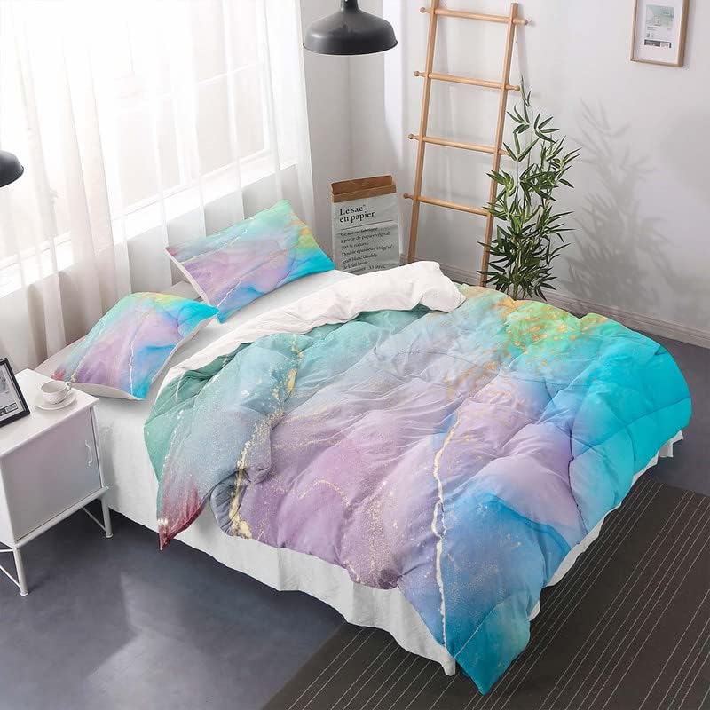 Jingzhang Marble Duvet Cover Sets 2Pcs,Elegant Blue Pink Marble Bedding Sets with Zipper Fresh Art Blue Pink Marble Microfiber Duvet Sets with 1 Pillow Sham,Twin Size