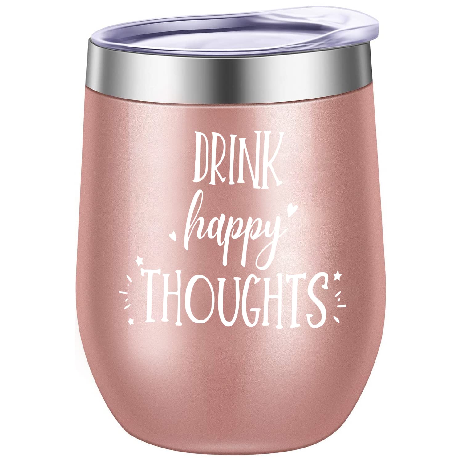 Drink Happy Thoughts 12 oz Insulated Wine Glass Tumbler Cup with Lid - Rose Gold Stainless Steel Iced Coffee Mug Stemless Cup- Unique Birthday Gifts Idea for Women Girl