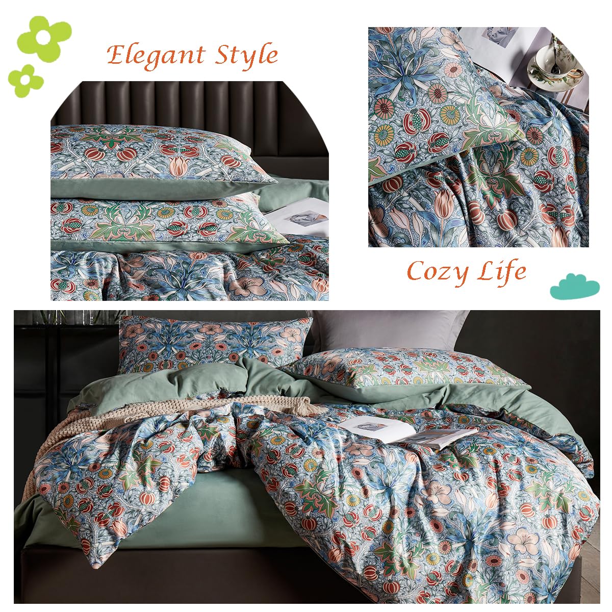 KASBLUEL Boho Floral Duvet Cover King, 5 Pieces Green Paisley Comforter Covers, Aesthetic Bedding Sets, Artistic Flower Pattern Bed Set, Soft Microfiber Vintage Style with Zipper