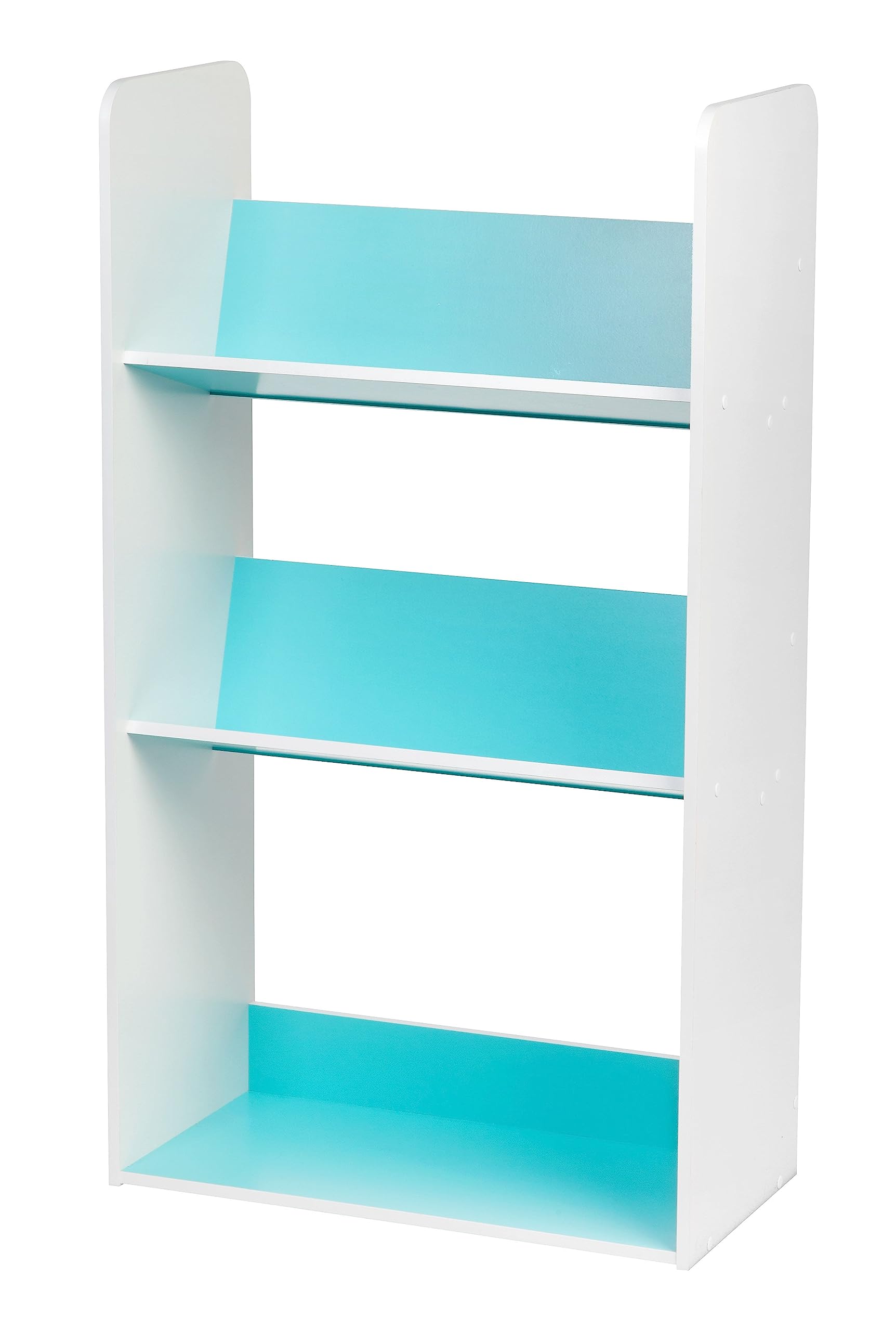 IRIS USA 3-Shelf Angled Bookshelf for Children, Short Inward Slant Bookcase Furniture for Kids Room Playroom Nursery to Safely Store and Organize Books Games Toys and Small Items, White and Blue