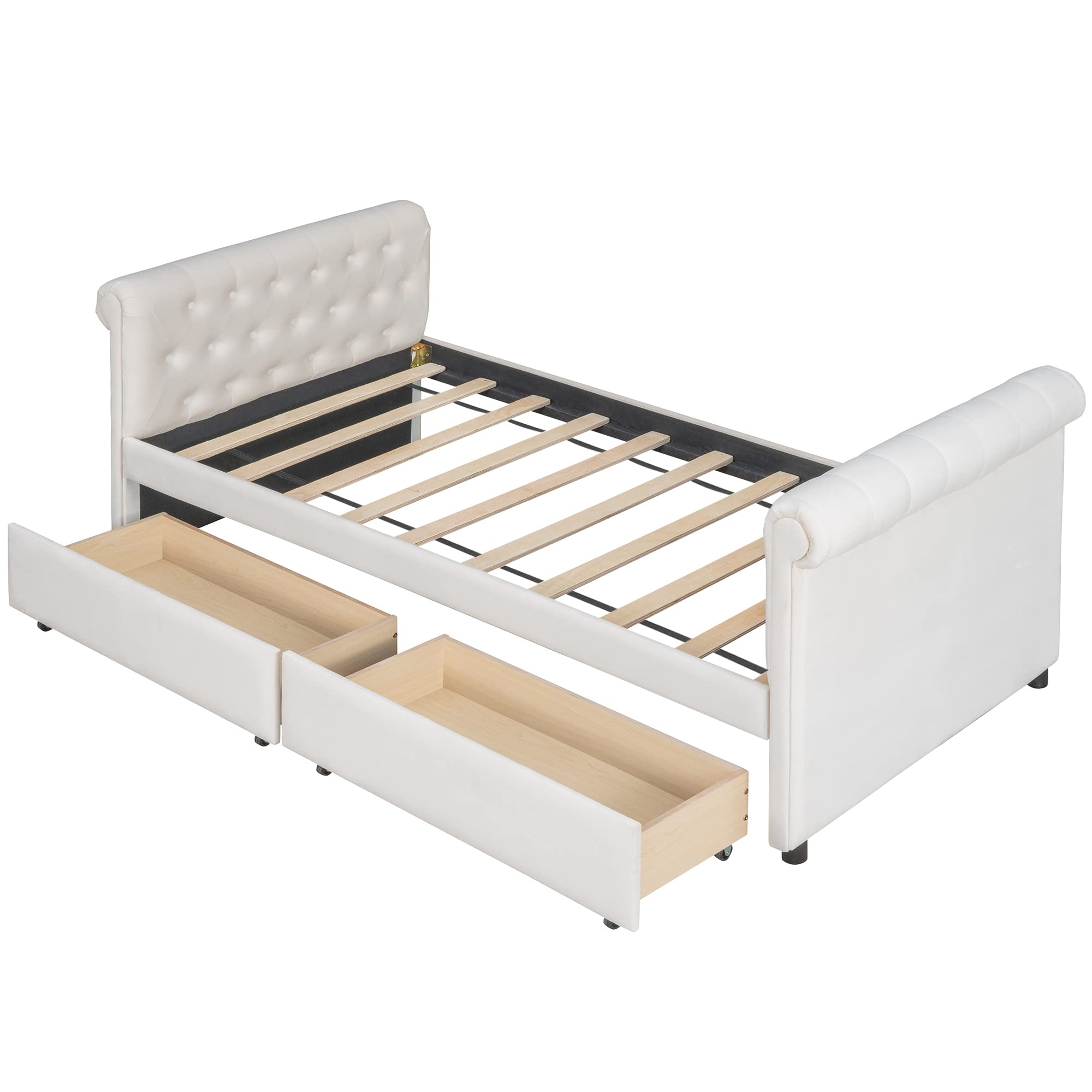 Jintop Twin Size Velvet Upholstered Daybed with Trundle and Two Armrests,Storage Wonden Bed Frame,W/Drawer,Wood Slat Support,for Apartment,Bedroom,Living Room,No Box Spring Needed,Beige