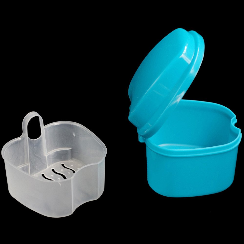 FUELEGO 1pcs Denture Bath Box Cup Retainer Holder Box with Clear Filter Basket Portable Dentures Night Guard & Retainers Complete Clean Care for Dentures