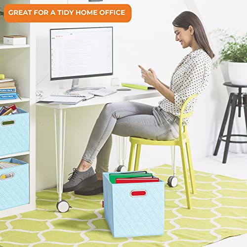 JIAessentials Medium 12-inch Blue Foldable Diamond Patterned Faux Leather Storage Cube Bins Set of Four with Handles with Dual Handles for living room, bedroom and office storage