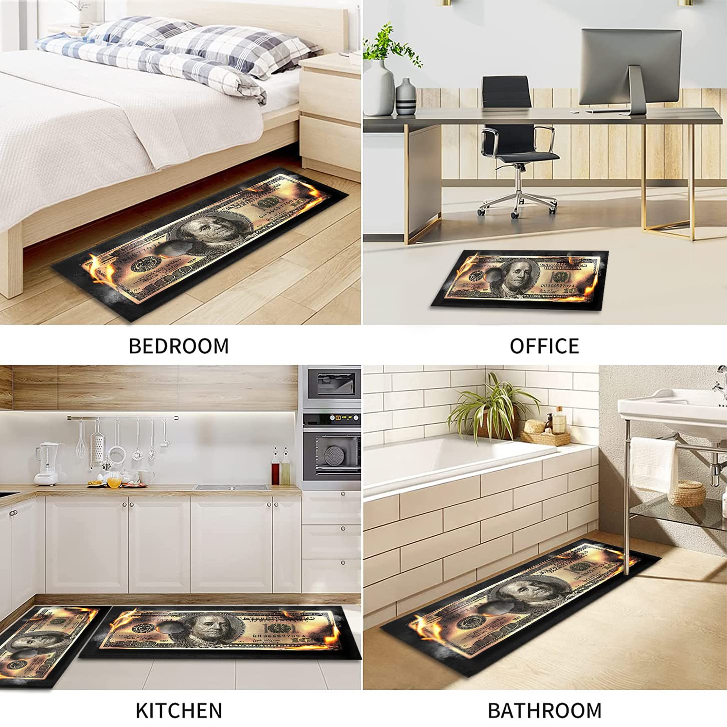 DVKKHD Money Kitchen Rugs Washable Burning 100 Dollar Bill Bathroom Rug Set 2 Piece Modern Kitchen Mats for Floor Non Skid Entryway Rug for Bedroom Home Decor Carpet Runner 17.7βx29.5β+17.7βx59β