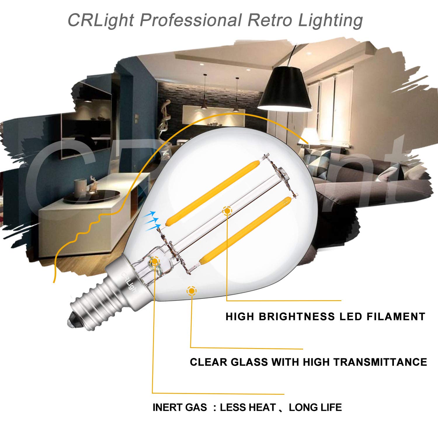 CRLight LED Candelabra Bulb 25W Equivalent 250 LM, 3000K Soft White 2W Filament LED Light Bulbs, E12 Vintage Edison Tiny G14(G45) Clear Glass Globe Bulbs, Non-dimmable, Pack of 12