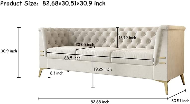 kevinplus Velvet Chesterfield Sofa Couch for Living Room, Modern Tufted 3-Seat Upholstered Sofa Couch for Apartment Bedroom Dorm Office Studio, Gold Metal Legs, Beige