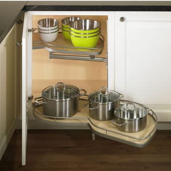 Lemans II Set 2-Shelf Lazy Susan with Soft-Close for Blind Base Corner Cabinets, Champagne and Maple (723 sq. Model 45, Tray Size: 15", Swings Right)
