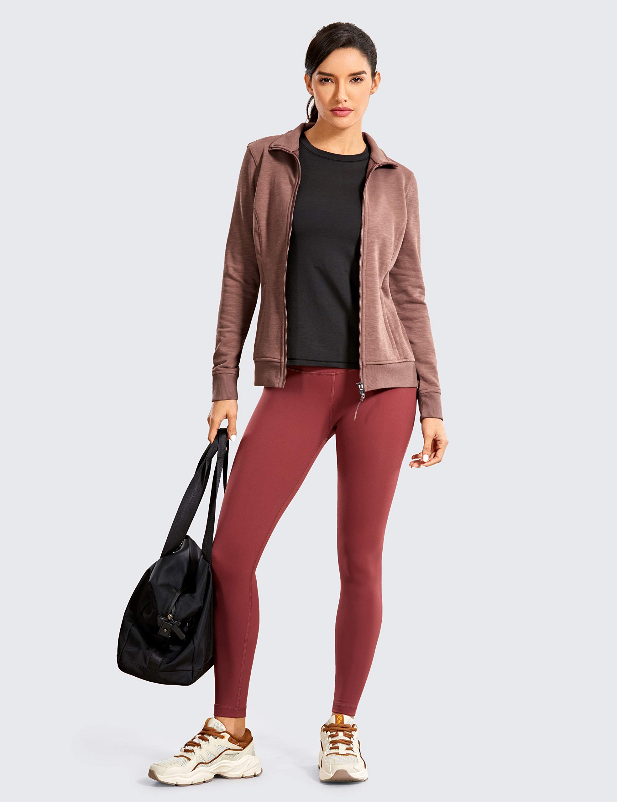 CRZ YOGA Women's Cotton Full Zip Workout Jacket Running Track Jacket - Slim Fit Black Medium