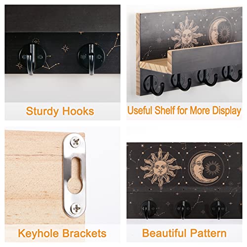 Key Holder for Wall, Patterned Key Hanger for Wall with Shelf, Decorative Key and Mail Holder with 5 Key Hooks for Entryway,Black Sun Moon