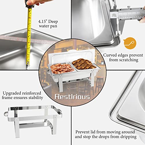 Restlrious Chafing Dish Buffet Set with Roll Top Plastic Cover, Stainless Steel 8 QT Rectangular Chafers and Buffet Warmers Set w/Half Size Food Pan, Water Pan, Fuel Can for Catering Event Party