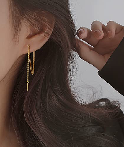 SLUYNZ 925 Sterling Silver Bar Dangle Earrings for Women Teen Girls Minimalist Dangle Earrings Threader Chain