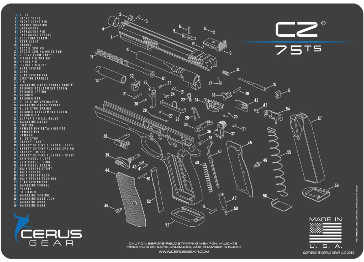 CZ 75 5 PC EDOG Cerus Gear Schematic (Exploded View) Heavy Duty Pistol Cleaning 12x17 Padded Gun-Work Surface Protector Mat Solvent & Oil Resistant & 3 PC Cleaning Essentials & Clenzoil